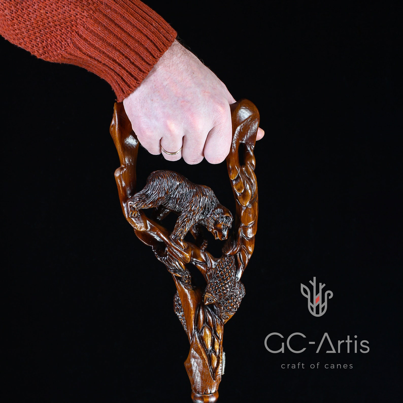 Bear Cane Wooden Walking Stick - Grizzly & Salmon Dark Wood Hiking ...