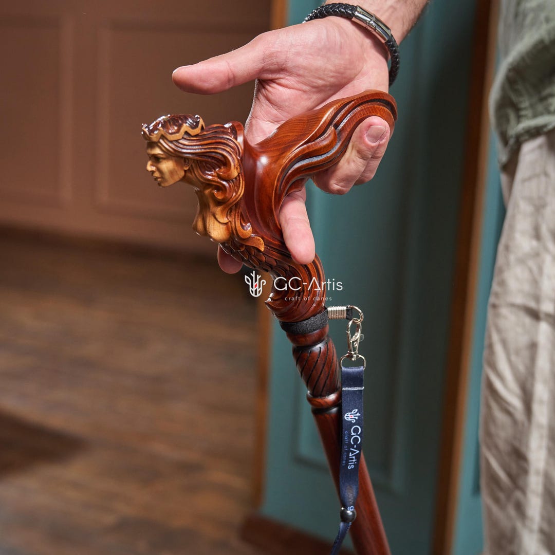 Wooden Walking Cane Fantasy Syren Ergonomic Palm Grip Handle - Ships ...