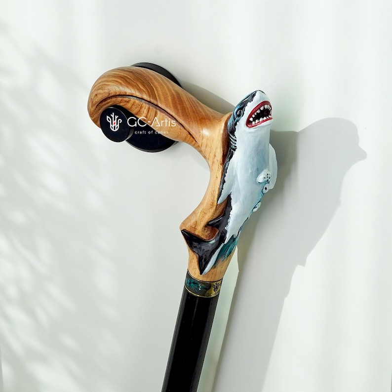 Wooden Cane Walking Stick Shark - Solid Wood Carved Fish Cane ...