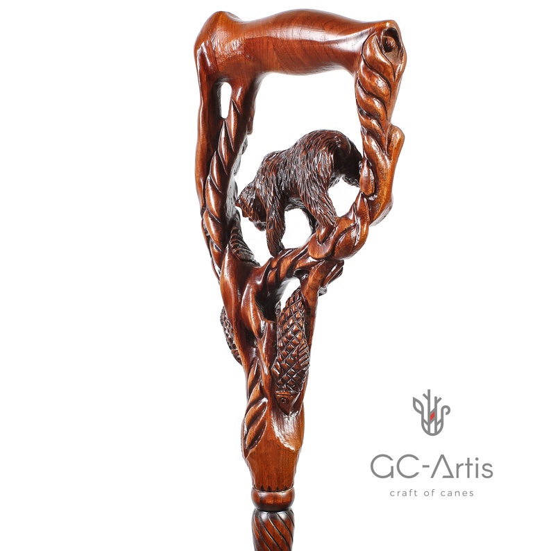 Bear Cane Wooden Walking Stick Grizzly & Salmon Dark Wood | Etsy