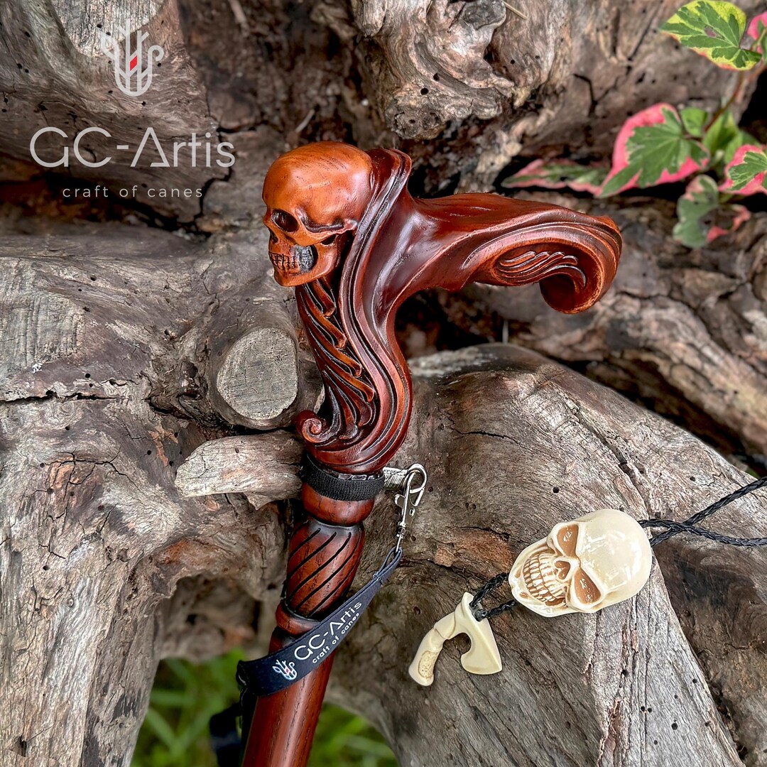 Skull Cane Wooden Walking Stick Ergonomic Palm Grip Handle Wood Carved ...