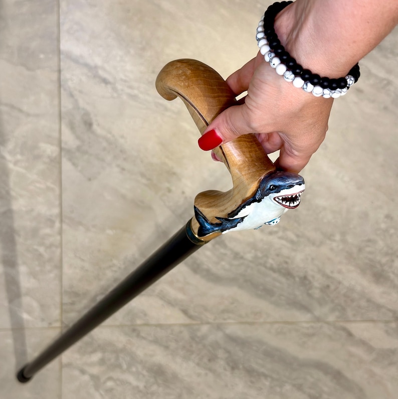 Wooden Cane Walking Stick Shark - Solid Wood Carved Fish Cane ...