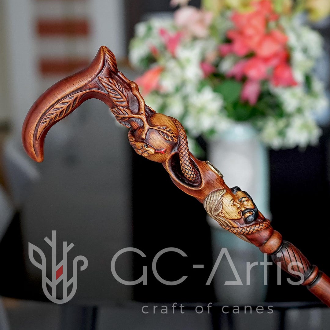 Adam and Eve Walking Cane - Paradise Apple & Snake Wooden Walking Stick ...