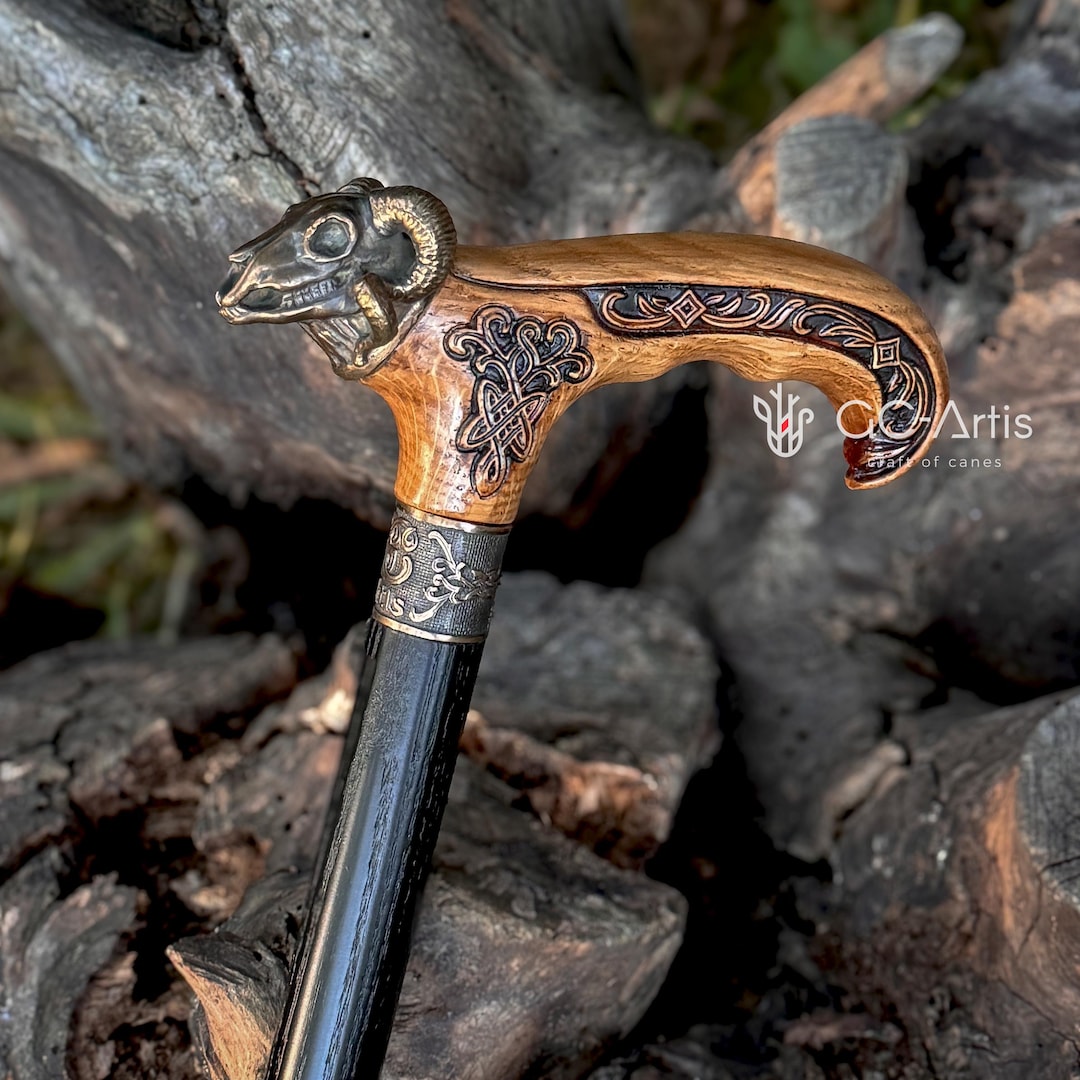 Ram Skull Bronze Walking Cane Stick - Hand Carved Handle With Celtic ...