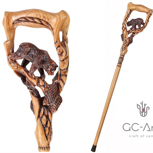 Bear Cane Wooden Walking Stick Grizzly & Salmon Dark Wood - Etsy