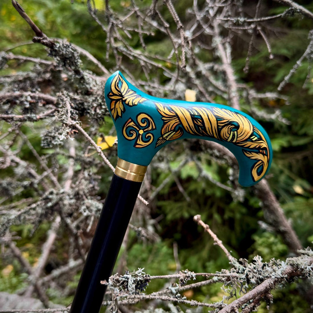 Celtic Walking Stick – Blue Hand Painted Wooden Cane, Triskelion Derby ...