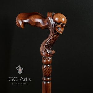 Skull Wooden Walking Cane - Ergonomic Palm Grip Handle Wood Carved ...