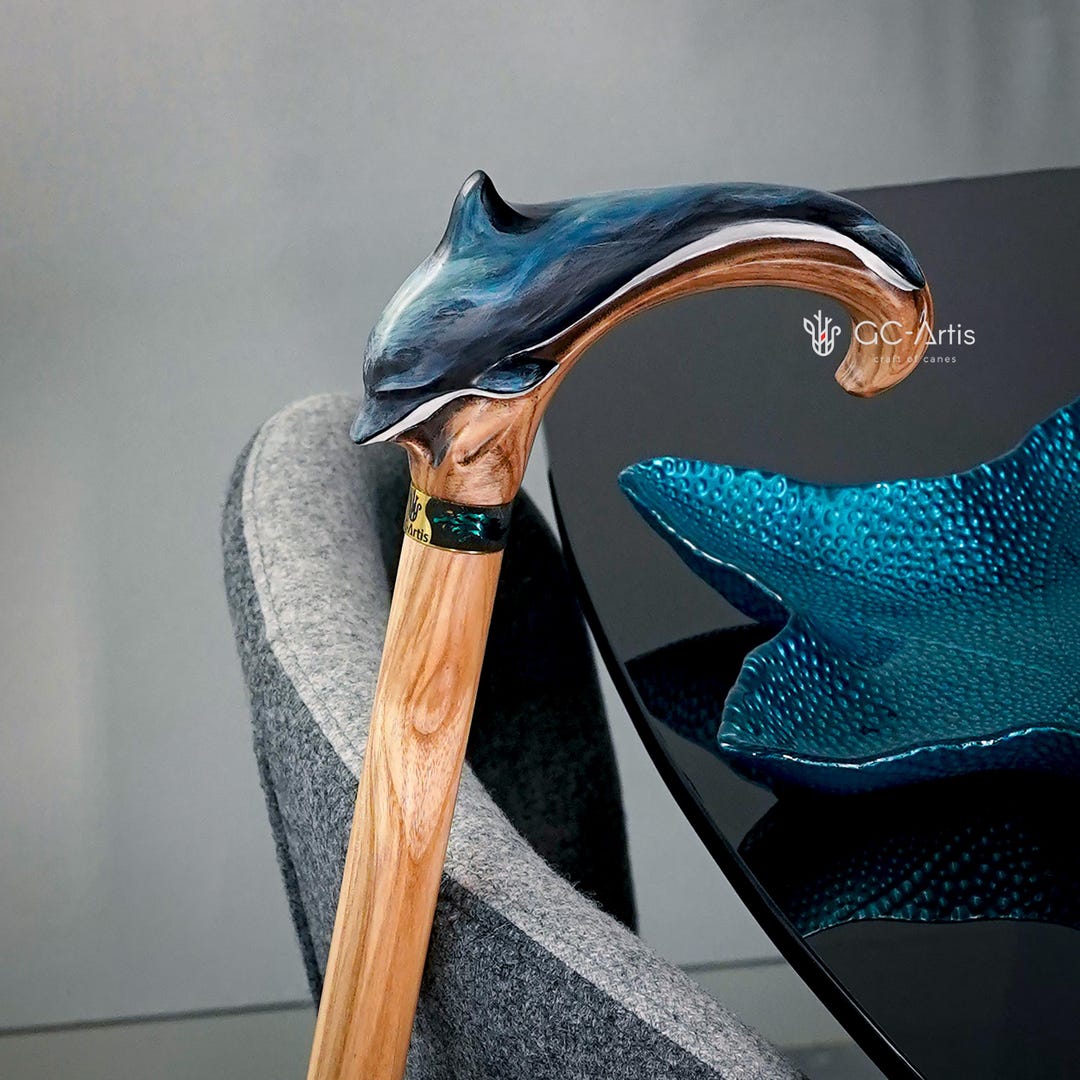 Wooden Walking Stick Dolphin - Wood Carved Cane, Hand Painted Handle ...