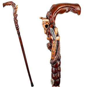 Buffalo Skull & Snake Dark Wooden Cane Walking Stick Wood Crafted Hand ...
