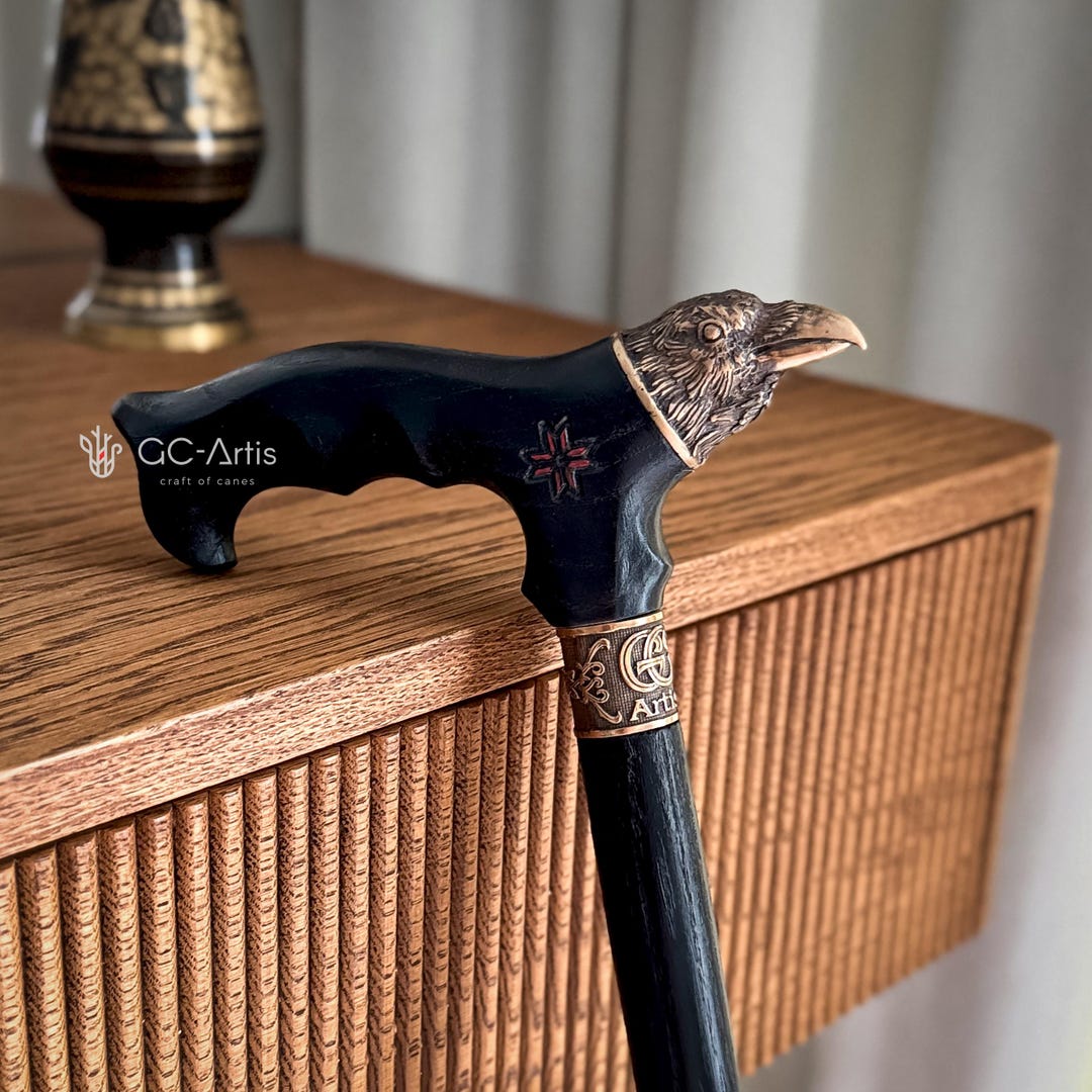Black Raven With Bronze Head Walking Cane - Goth Style Wooden Walking ...