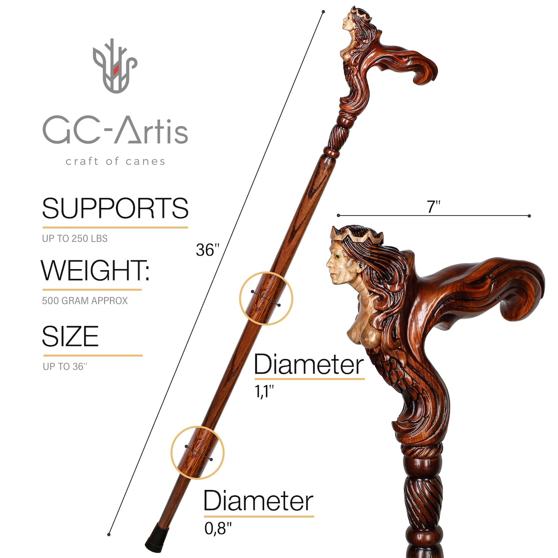 Wooden Walking Cane Fantasy Syren Ergonomic Palm Grip Handle - Etsy