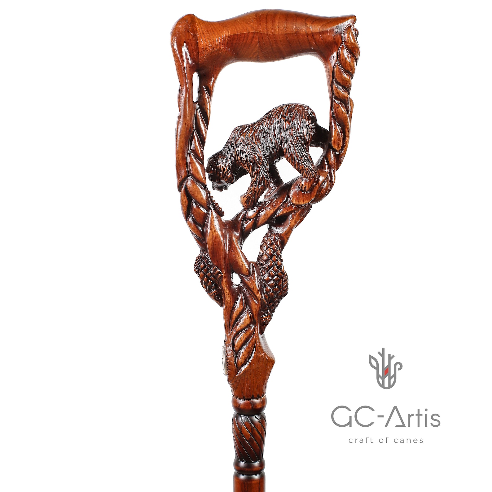 Bear Cane Wooden Walking Stick Grizzly & Salmon Dark Wood | Etsy