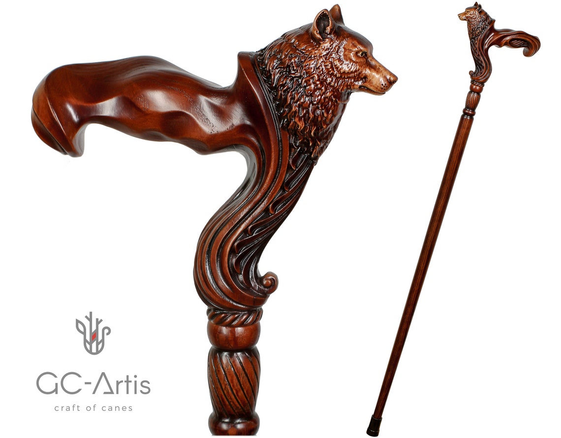 Wolf Cane wooden walking stick ergonomic palm grip handle - Etsy France