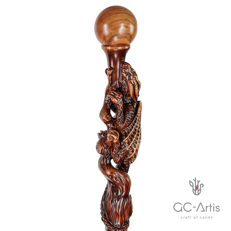 Hand Carved Dragon Walking Stick: Wooden Knob Handle Cane, Trekking ...