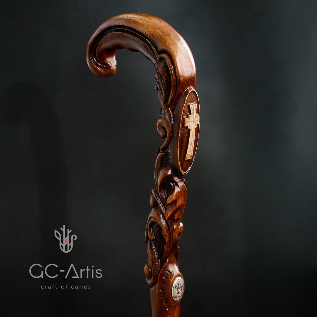 Christian Cross Wooden Walking Stick Cane - Wood Carved Crafted Crook ...