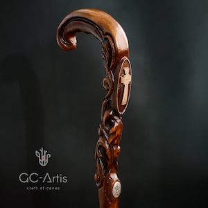 Christian Cross Wooden Walking Stick Cane - Wood Carved Crafted Crook ...
