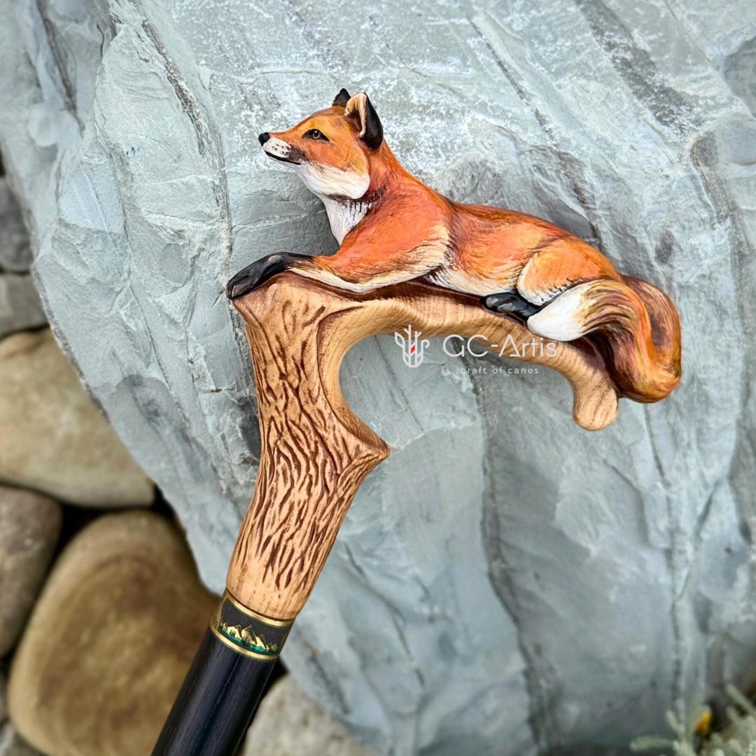 Hand-painted Fox Walking Cane – Carved Wooden Fashion Accessory - Etsy