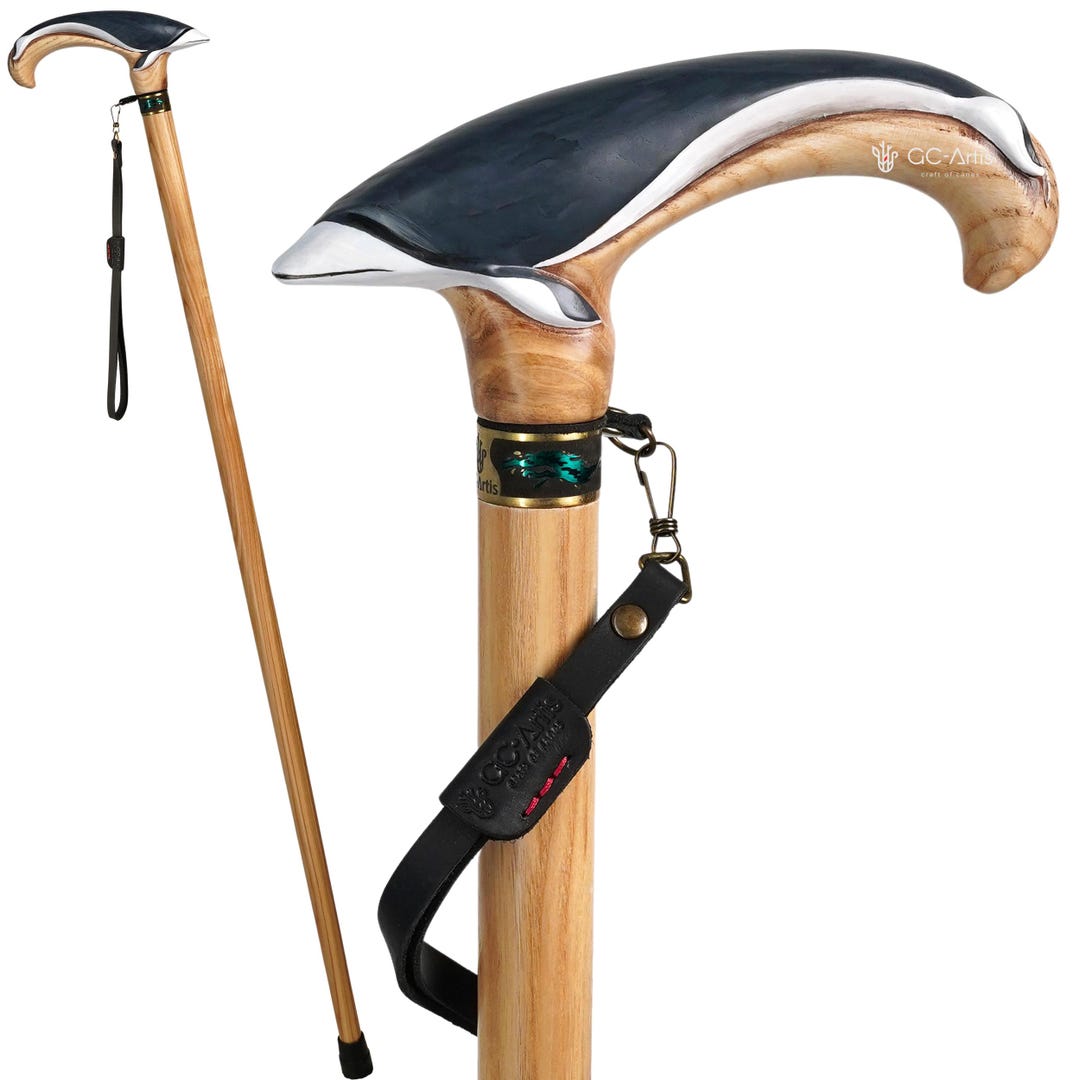 Wooden Cane Walking Stick Whale Dolphin Fish - Wood Carved Cane, Cool ...