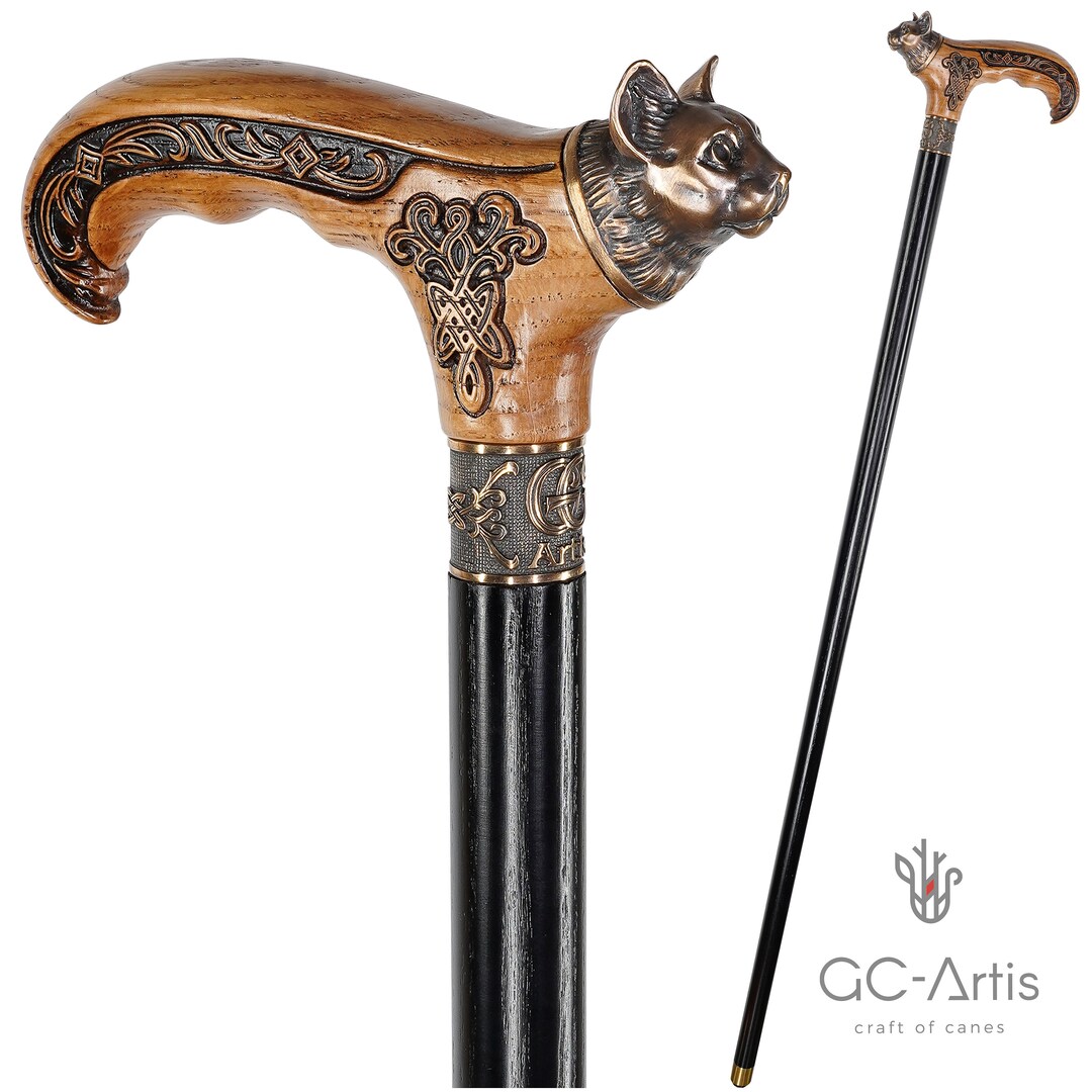 Kitty Bronze & Wood Walking Cane Stick Light Wooden Handle With Elegant ...