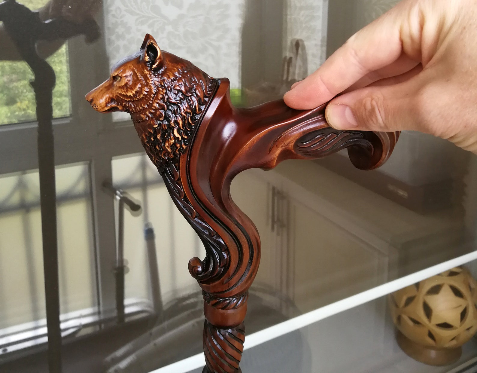 Wolf Cane wooden walking stick ergonomic palm grip handle - Etsy France