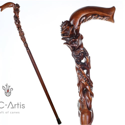 Rose Flower Light Wooden Walking Stick Cane Hand Carved Cane - Etsy