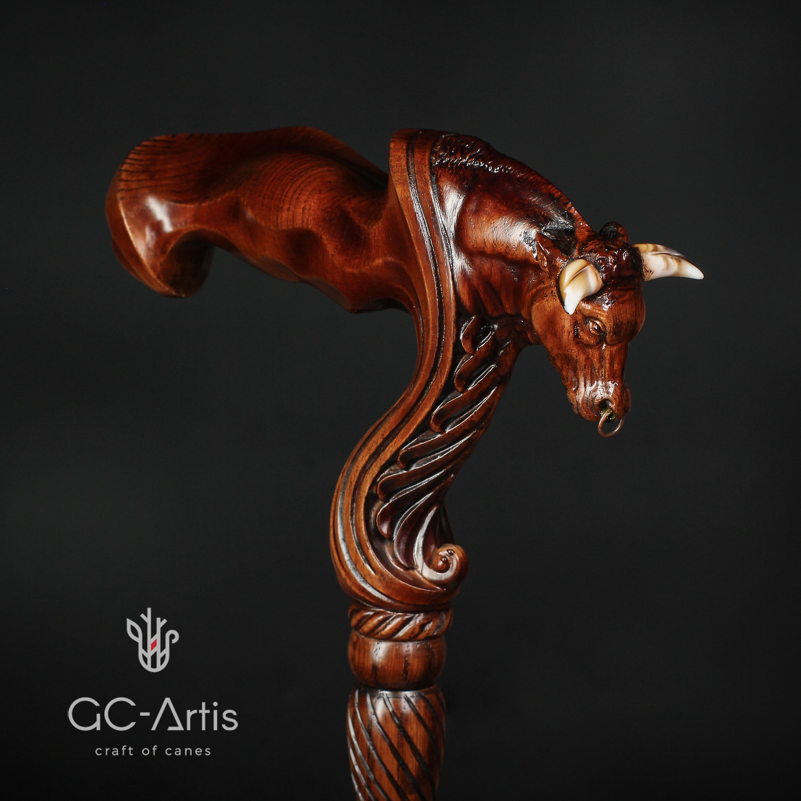 Wooden Ox Bull Cane Walking Stick Ergonomic Palm Grip Handle, Wood ...