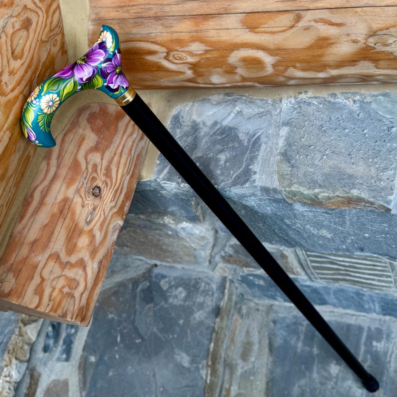 Hand-painted Floral Walking Cane: Purple Cosmea Flowers, Marine Green ...