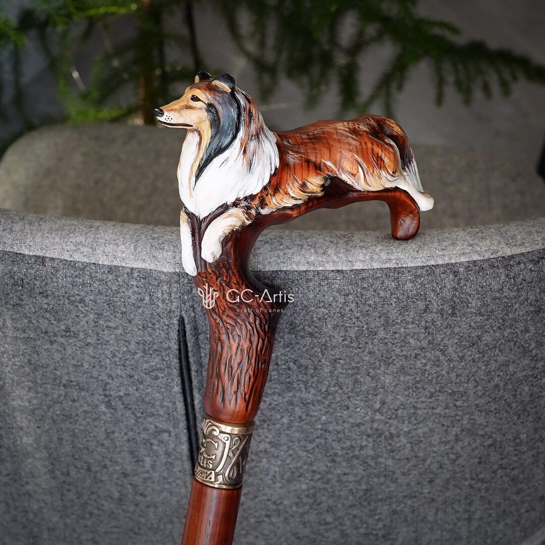 Hand Painted Wooden Walking Stick Cane - Collie Dog - Carved Sable ...