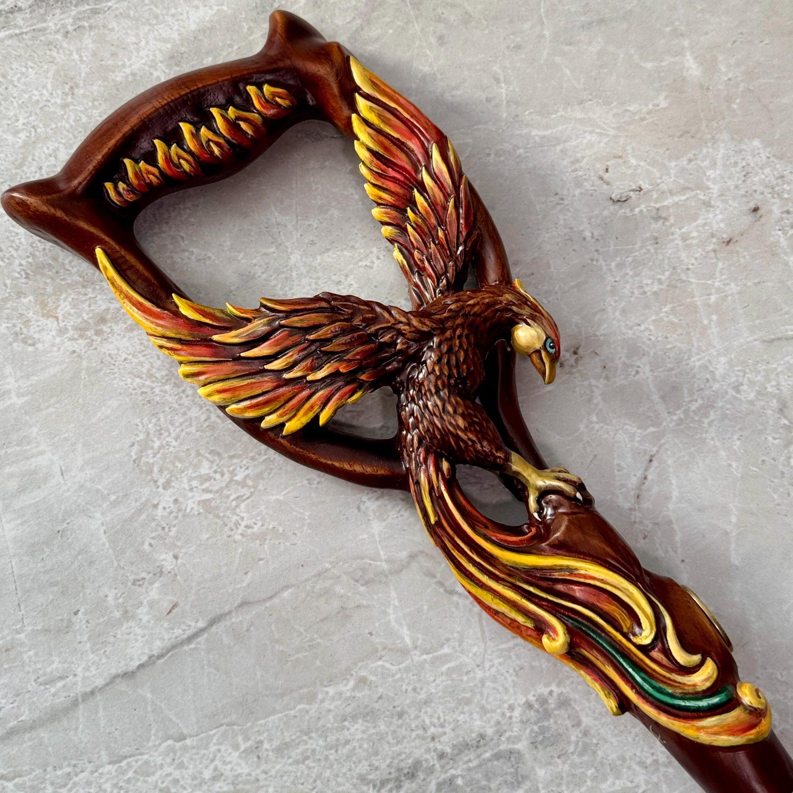 Fiery Phoenix Bird Walking Stick Cane - Handcarved & Handpainted Wooden ...