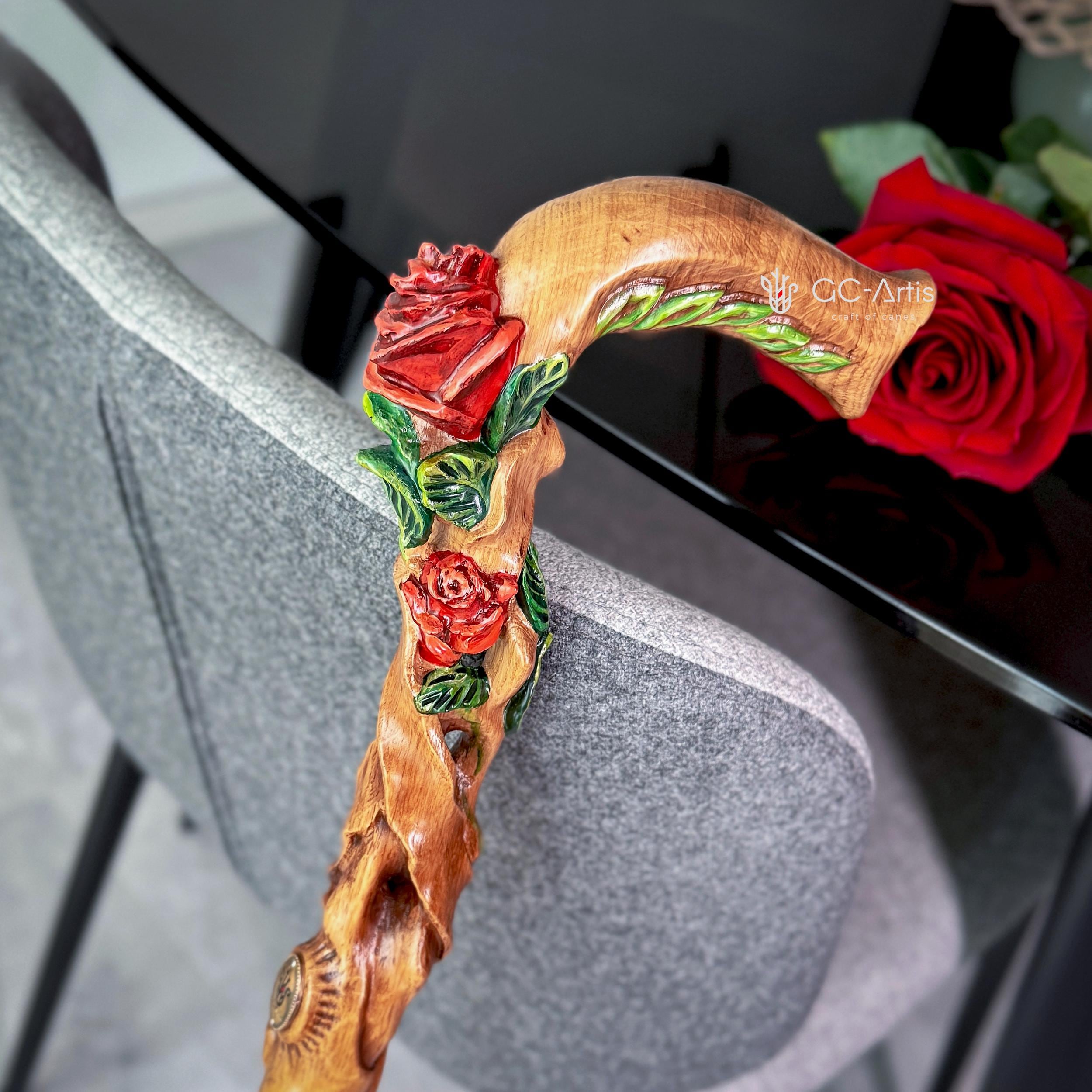 Hand Carved Red Rose Walking Cane – Wooden Walking Stick, Gift for ...