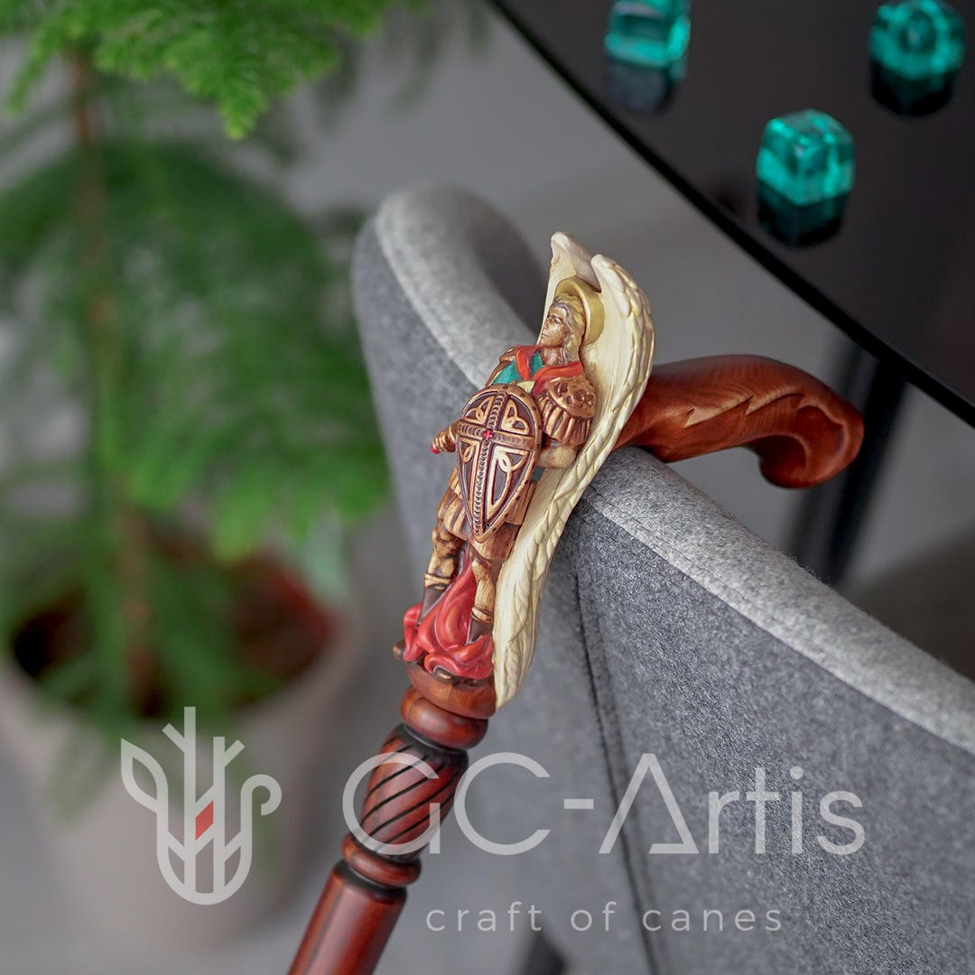 Hand Painted Wood Carved Walking Cane - Saint Michael, Archangel ...
