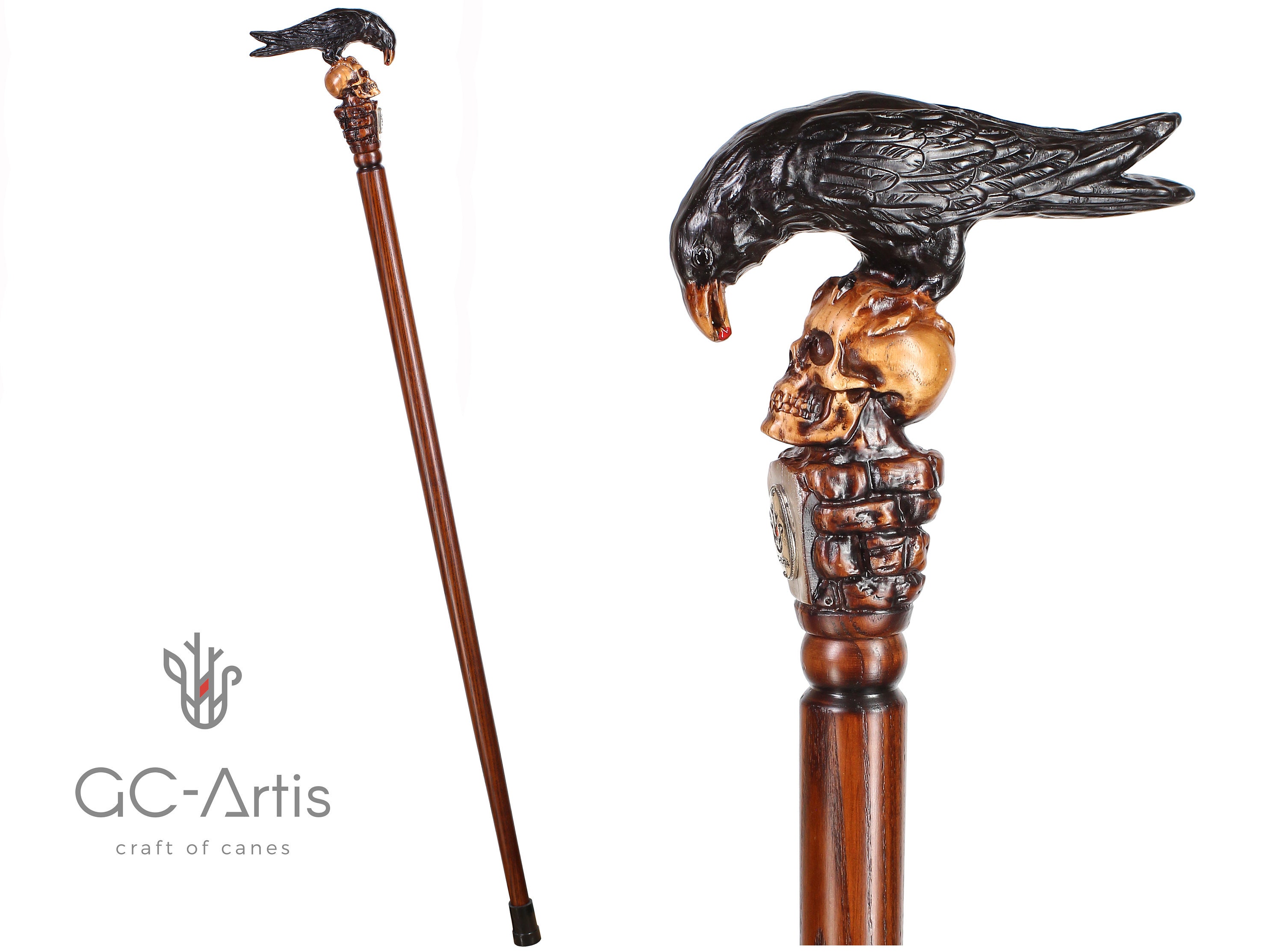 BLACK CROW & SKULL Cane Walking Stick Goth Style Wooden - Etsy Norway