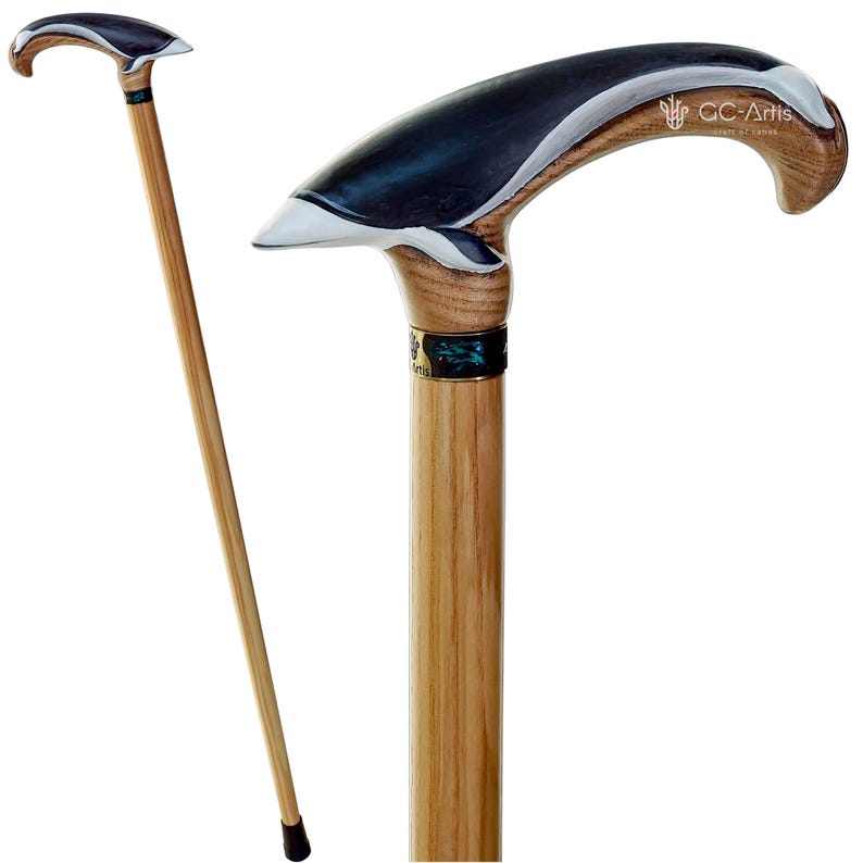 Wooden Cane Walking Stick Whale Dolphin Fish - Wood Carved Cane, Cool ...