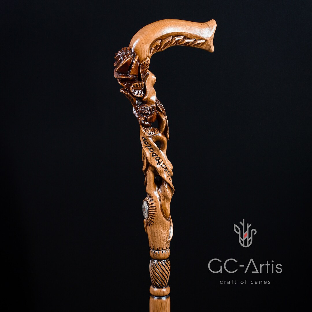 Rose Flower Light Wooden Walking Stick Cane Hand Carved Cane Walking ...