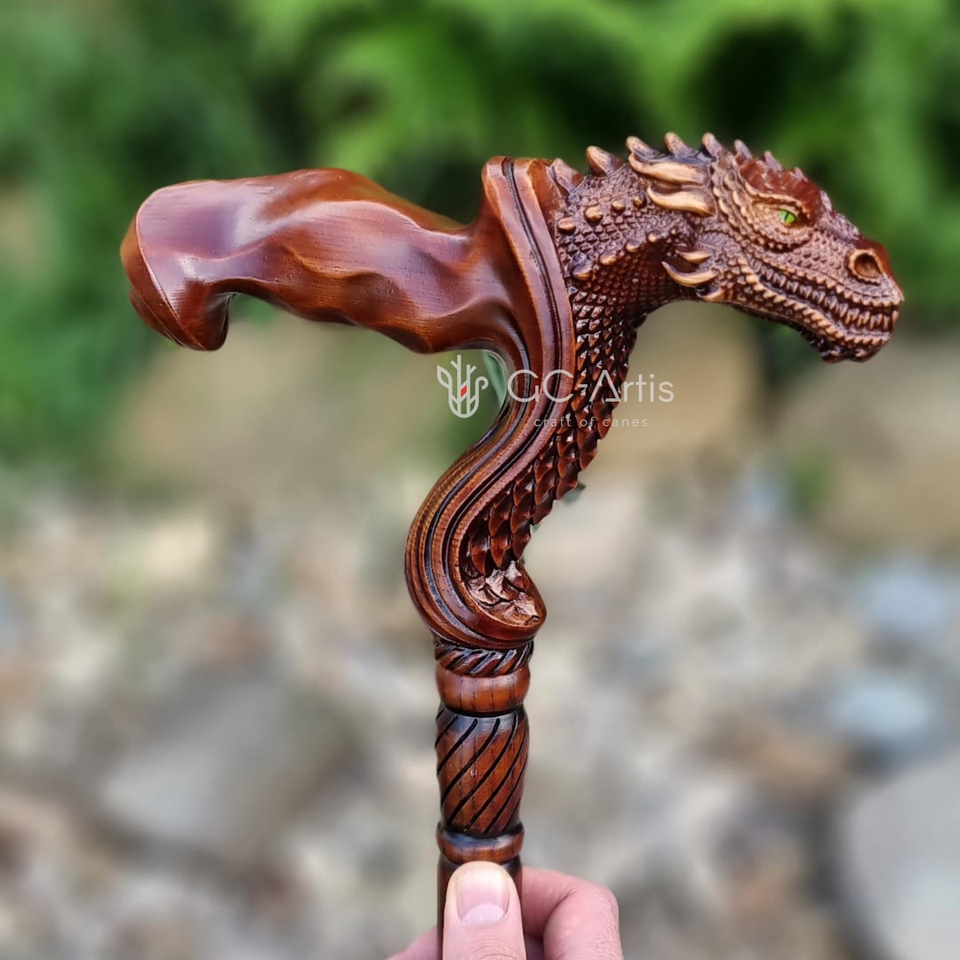 Dragon Cane Wooden Walking Stick Ergonomic Palm Grip Handle, Wood ...