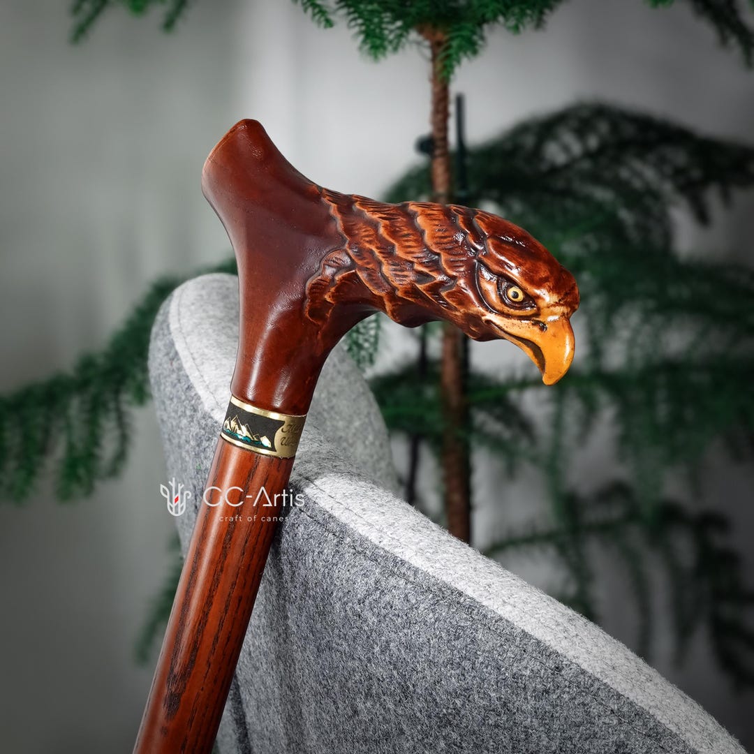 Wooden Cane Walking Stick Bald Eagle - Wood Carved Cane, Handpainted ...