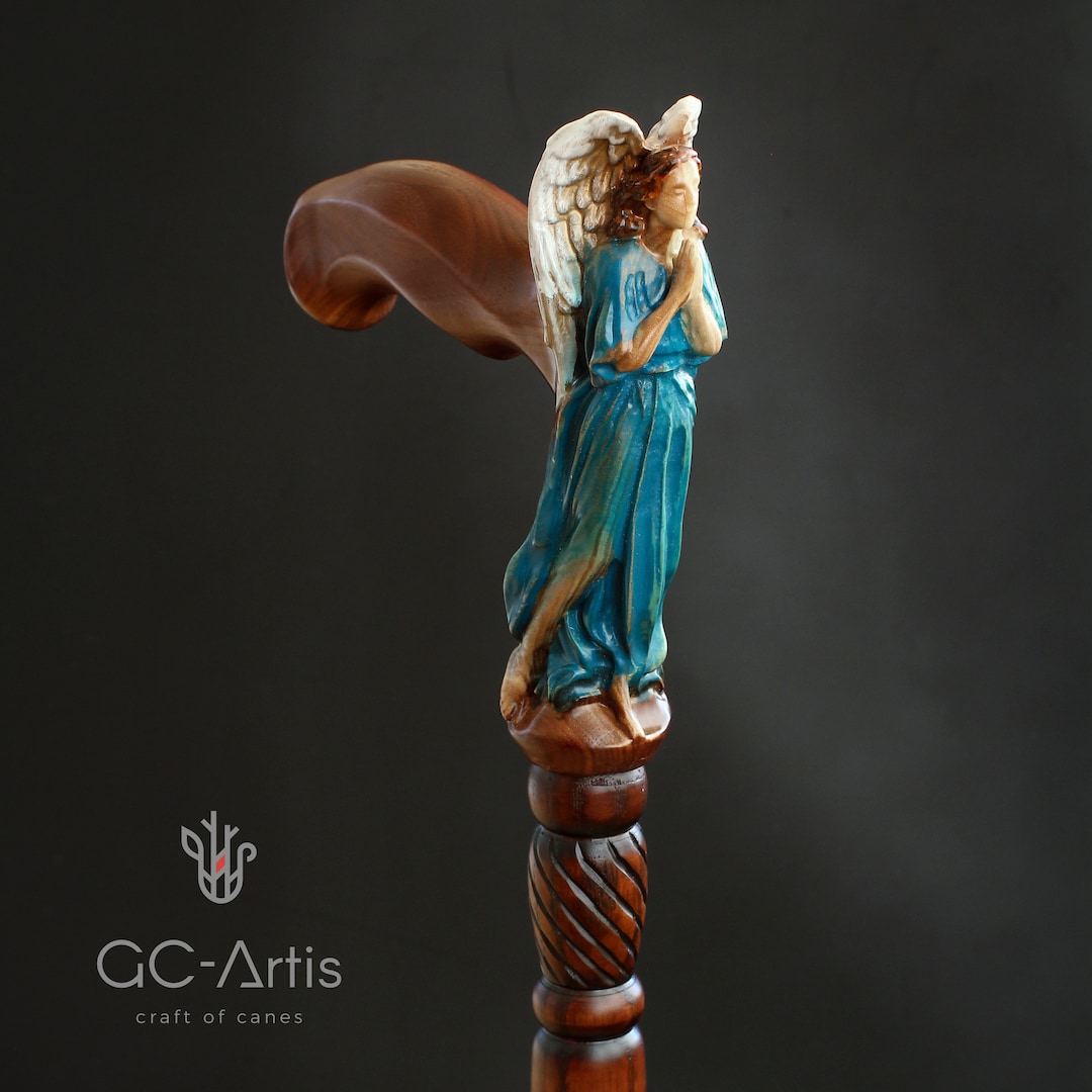 Winged Angel CANE Wooden Walking Stick Cane Crafted Carved Light Gift ...