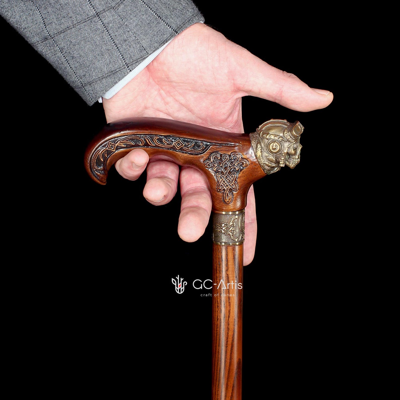 Pilot Skull Cane Walking Stick Bronze & Wooden Air Force Style - Brass ...