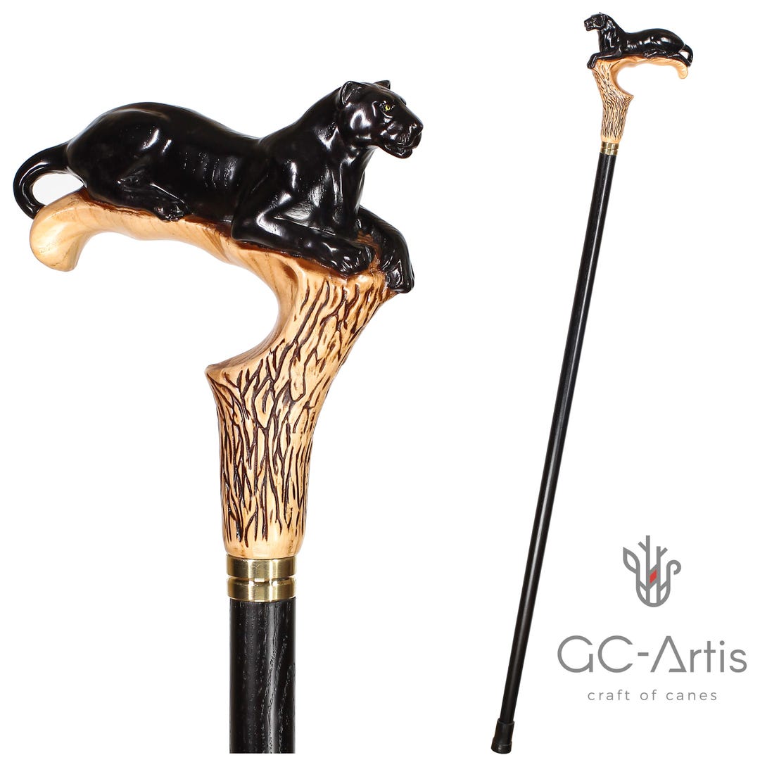 Stylish Wooden Walking Cane Stick Black Panther, Cougar Cat, Cool Wood ...