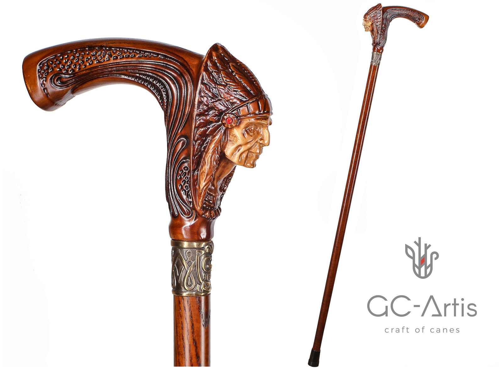 Indian Chief Wooden Walking Stick Cane Designers Wood Carved - Etsy