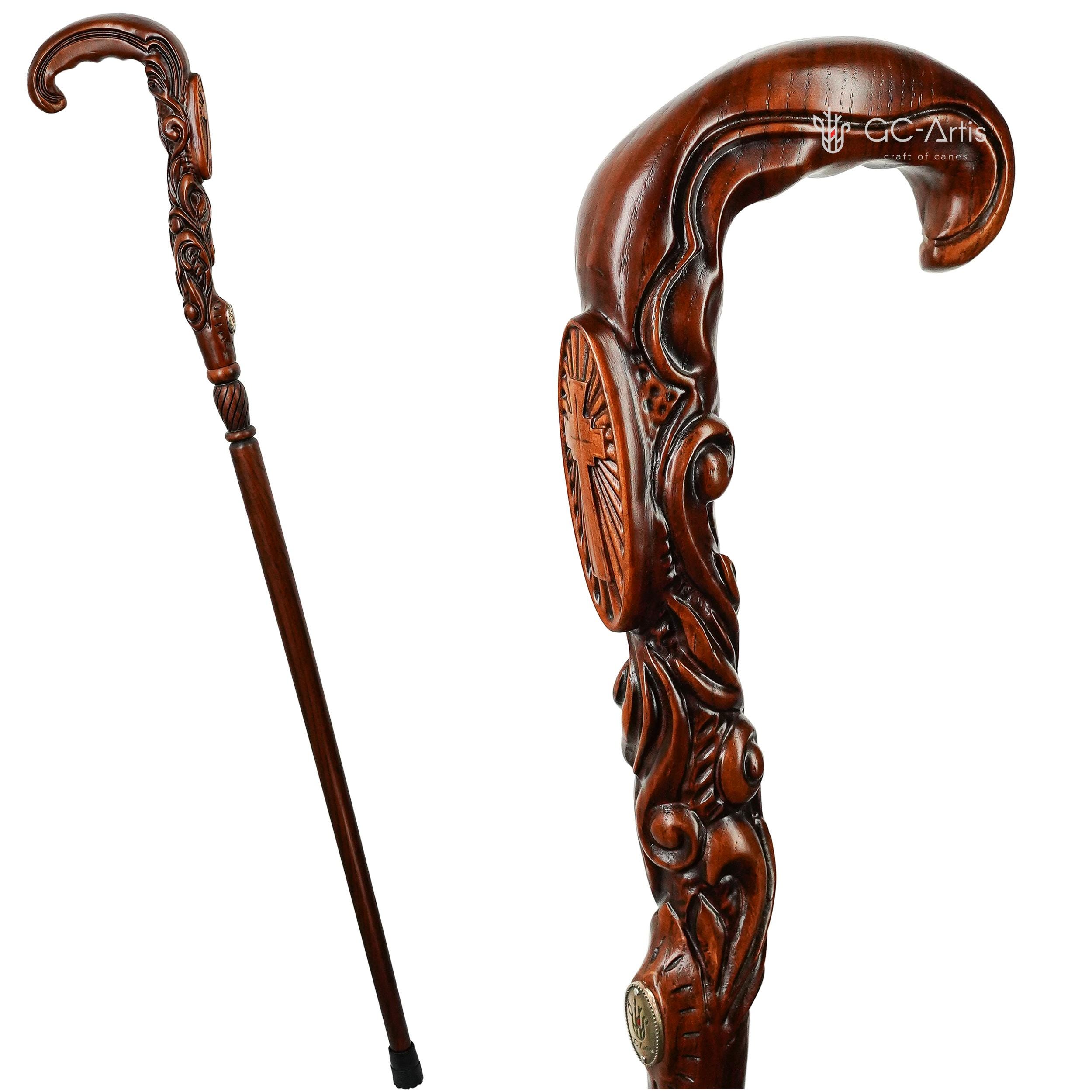 Hand Carved Wood Christian Cross Walking Stick Cane – Ergonomic Crook ...