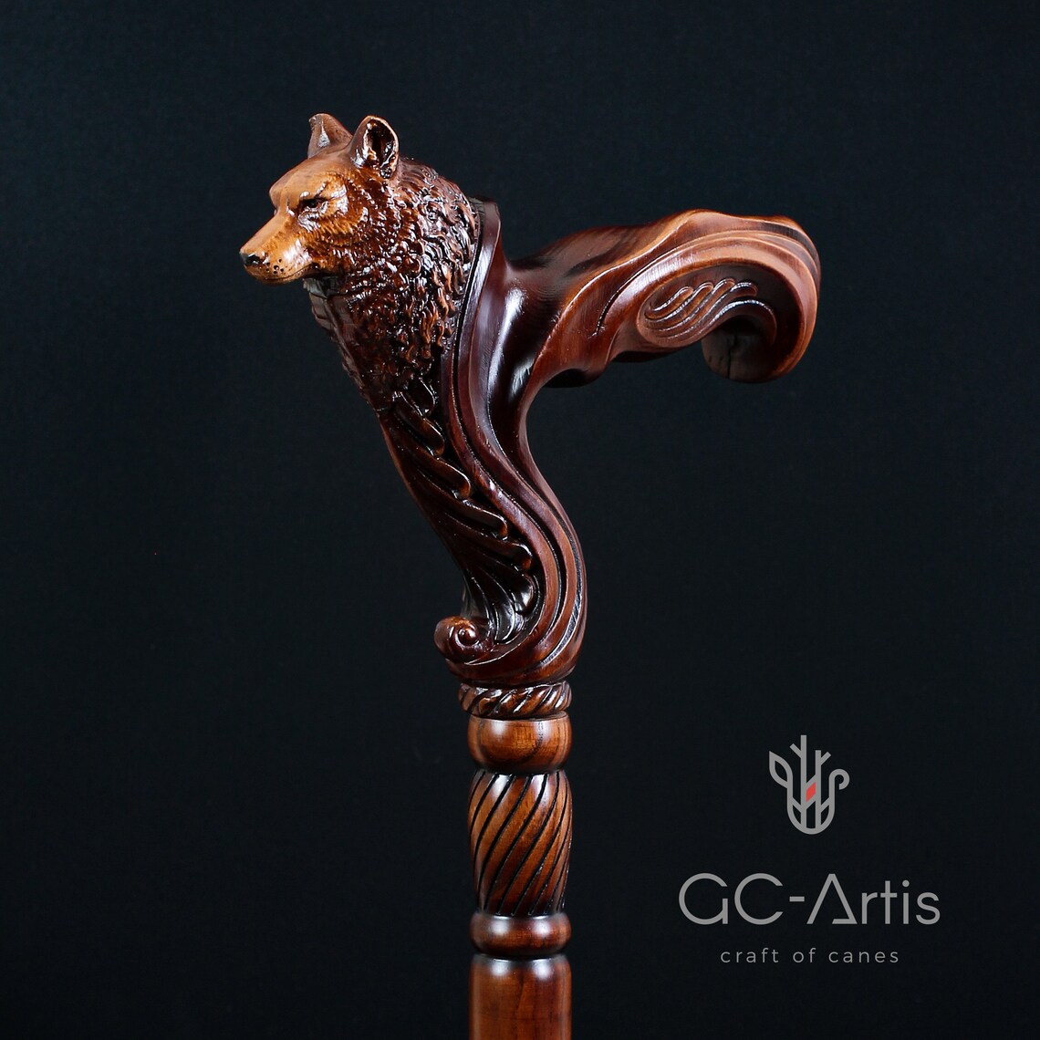Wolf Cane wooden walking stick ergonomic palm grip handle - Etsy France