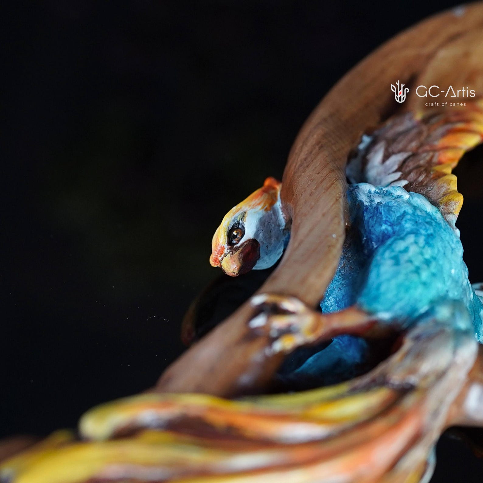 Fiery Phoenix Bird Walking Stick Cane - Handcarved & Handpainted Wooden ...