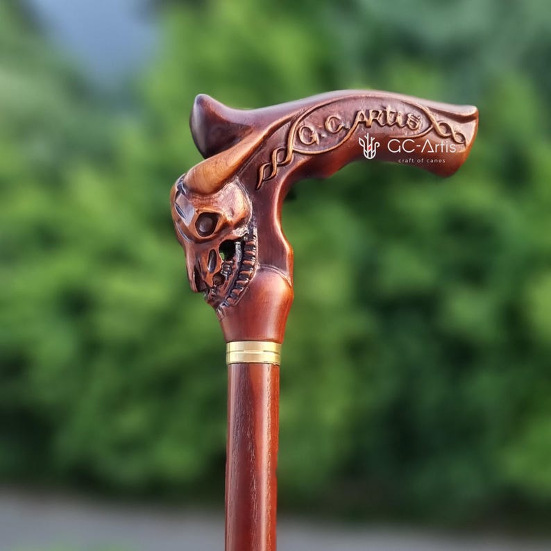 Bison Skull Walking Cane – Carved Wooden Western Style Stick ...
