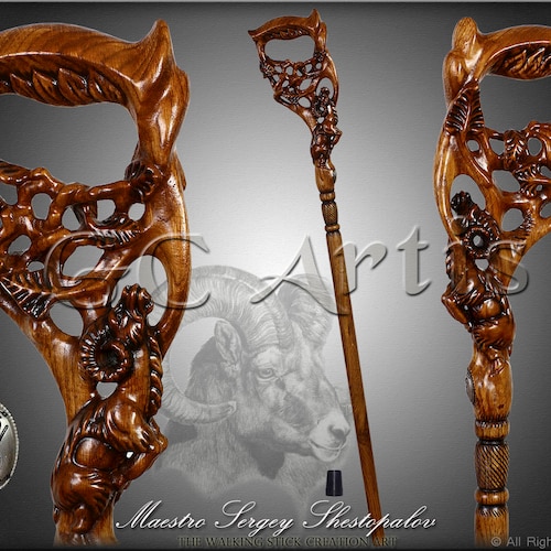 Bear Cane Wooden Walking Stick Grizzly & Salmon Dark Wood - Etsy