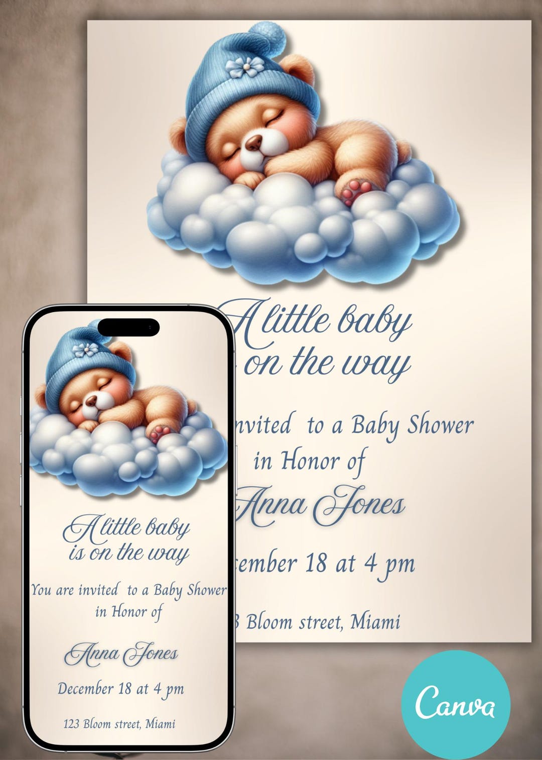 Blue Bear Baby Shower Invitation, Editable Canva Template ,digital and ...