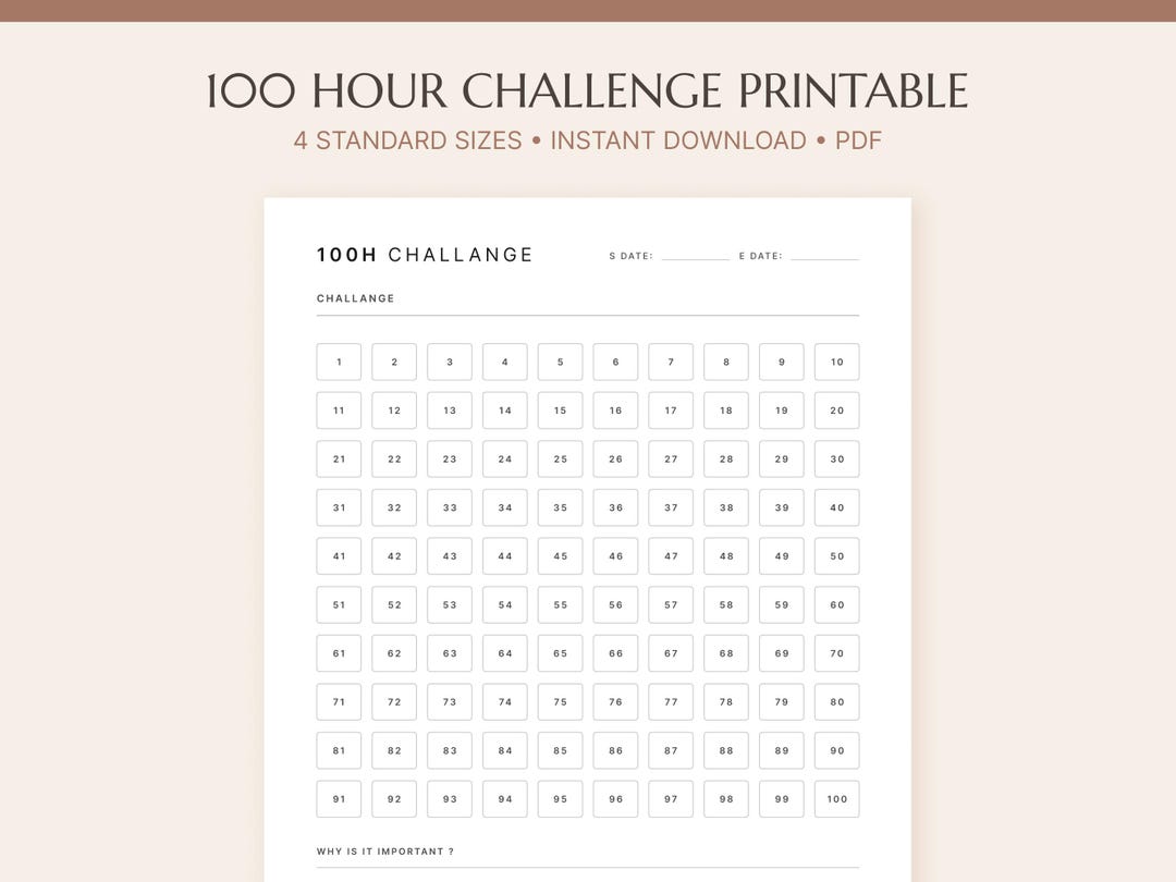 100 Hour Challenge Printable - Etsy
