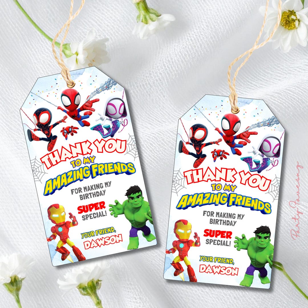 Editable Spidey and His Amazing Friends Birthday Thank You Tags, Spidey ...
