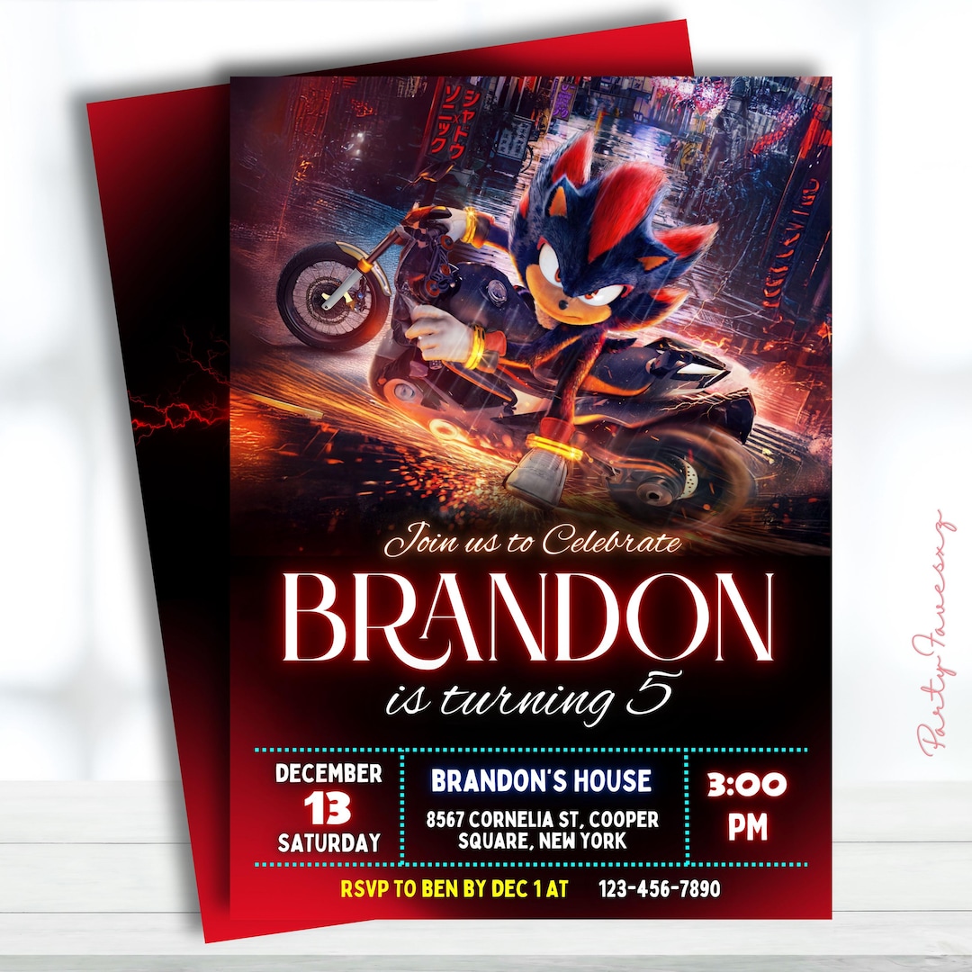 Editable Shadow the Hedgehog Birthday Invitation, Sonic Shadow Birthday ...