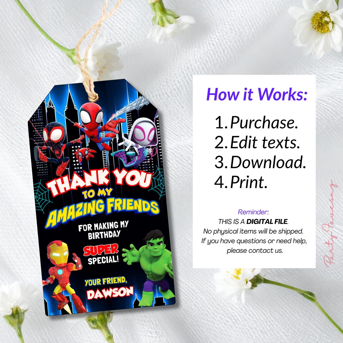 Editable Spidey and His Amazing Friends Birthday Thank You Tags, Spidey ...
